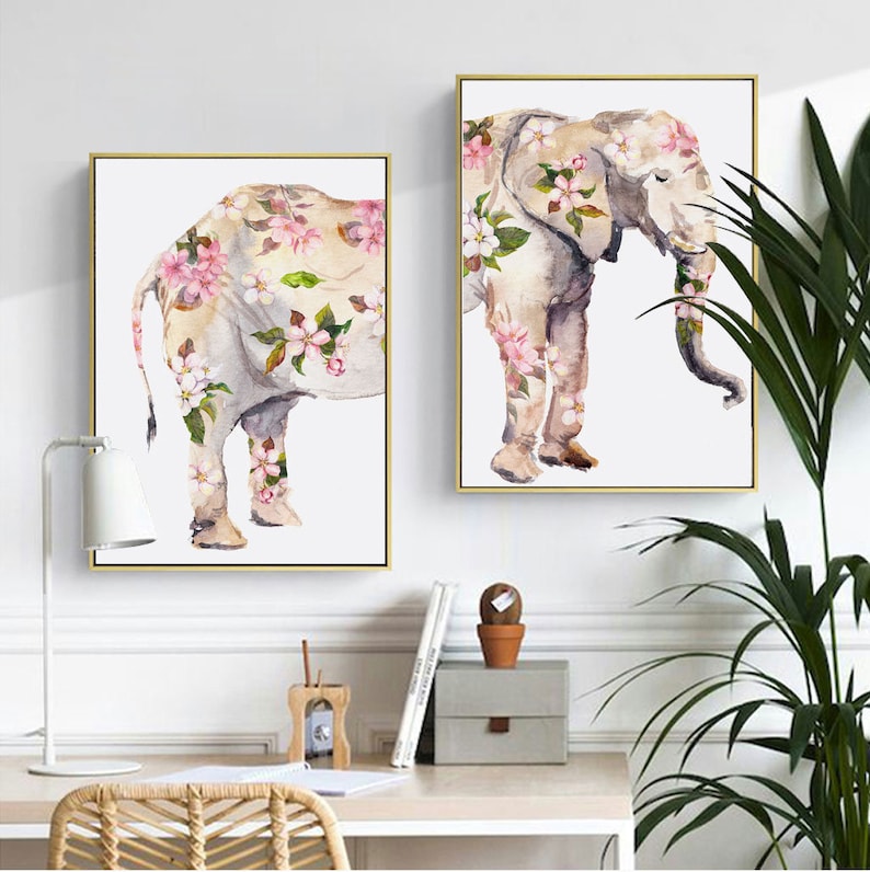 2 Sets of Pink Flowers and Elephant Prints Printable Animal | Etsy