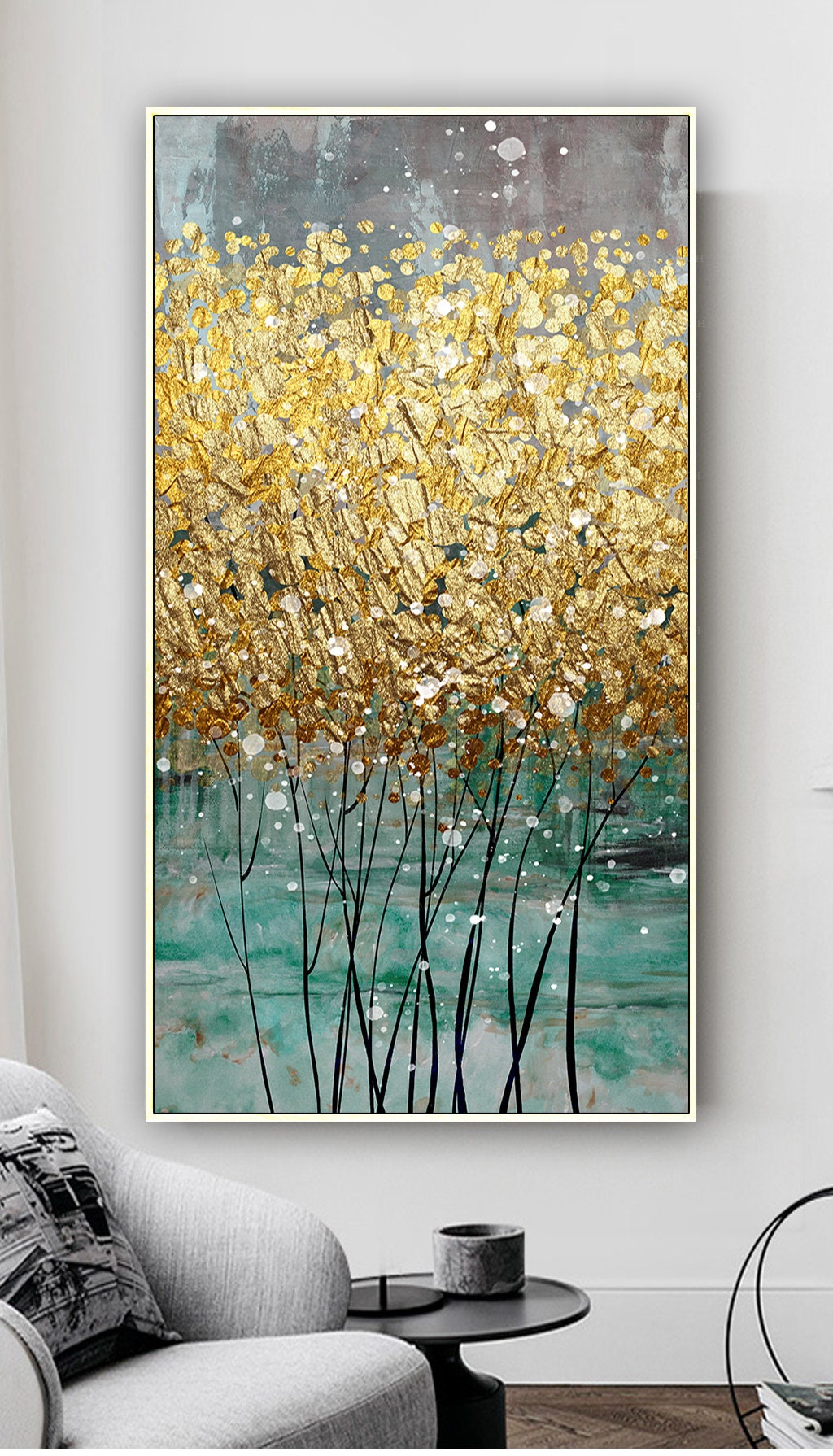 Printable Big Size Nordic Vintage Abstract Golden Trees, Green Gold ...