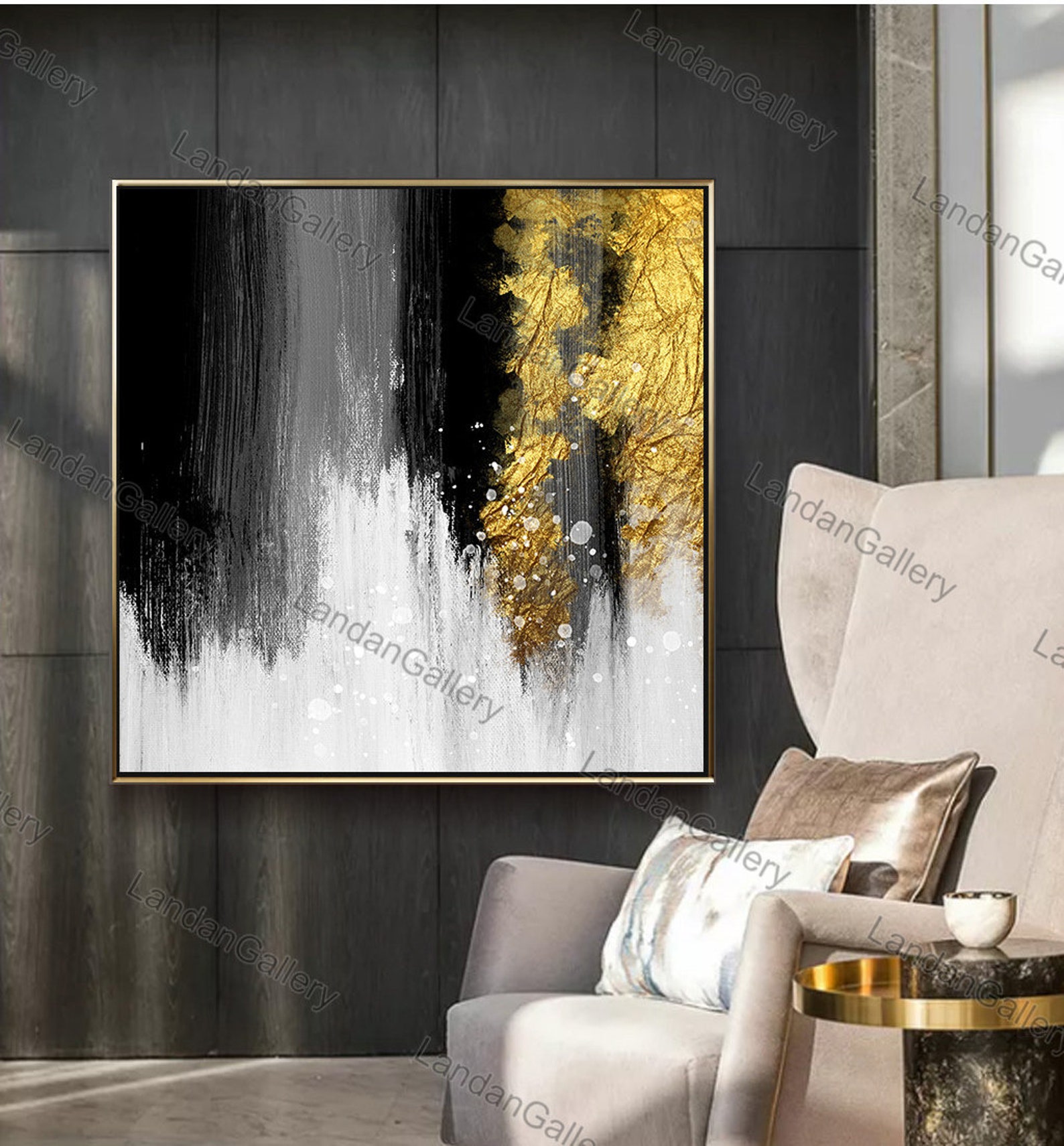 Abstract Square Wall Art Printable Black and White Golden | Etsy