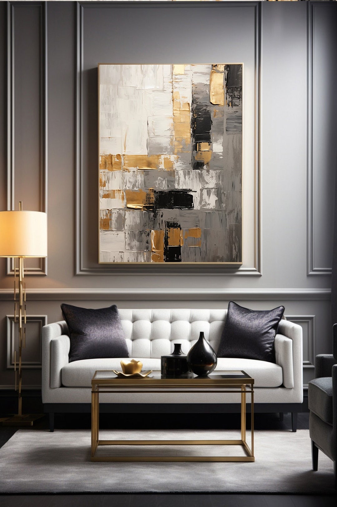 Digital Abstract Painting With Gold & Gray Colors, Metallic Rectangles ...