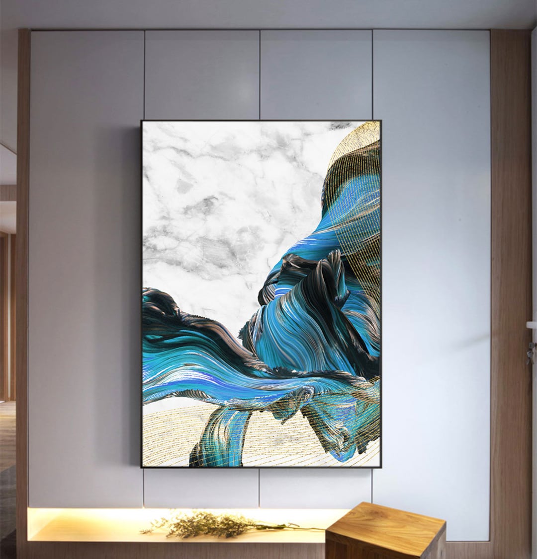 Blue Gold Lines Abstract Art, Printable, Scandinavian Wall Art, Lines ...