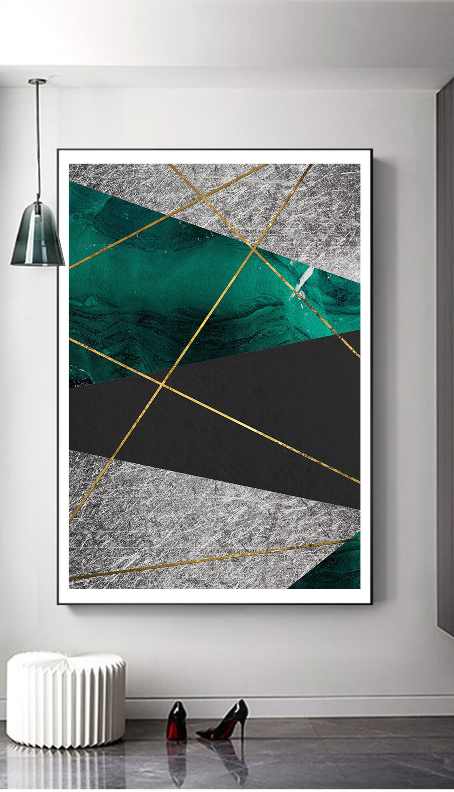 Modern Abstract Geometry Emerald Gold Line Wall Art Printable - Etsy