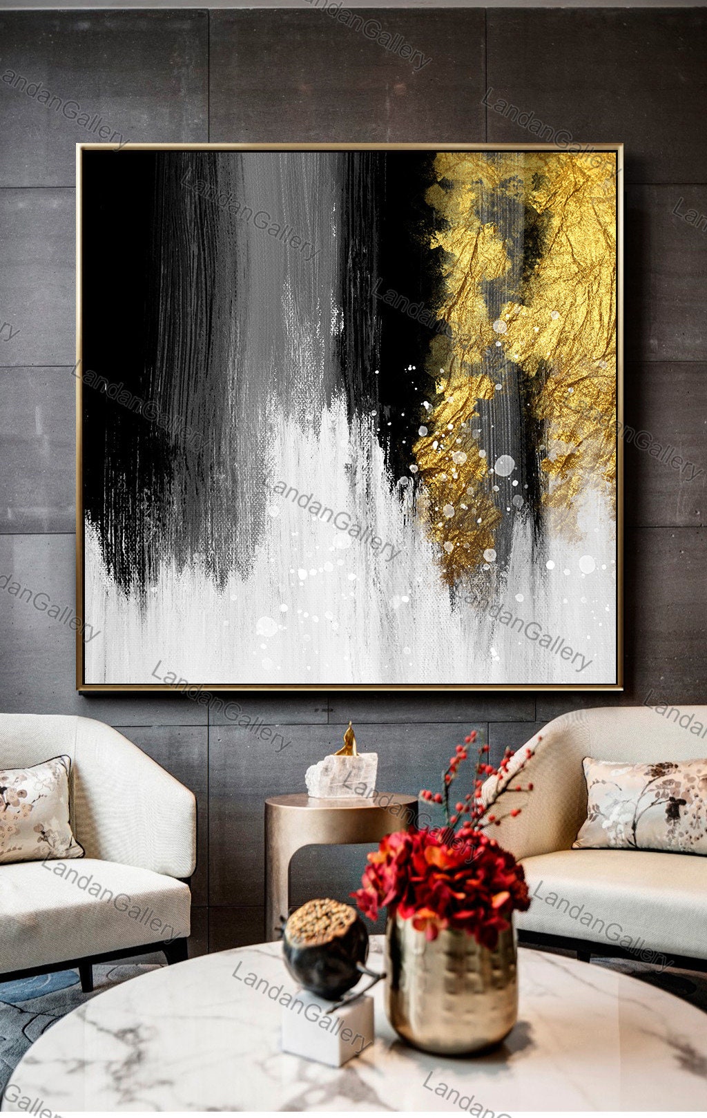 Abstract Square Wall Art Printable Black and White Golden | Etsy