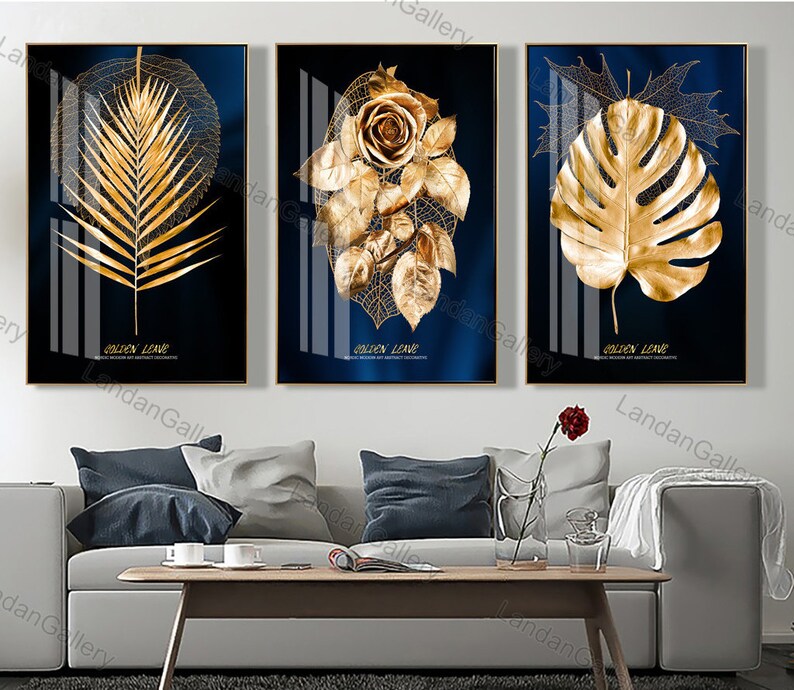 Abstract Golden Leaves Prints, 3 Pieces, Golden Flower, Rose, Palm ...