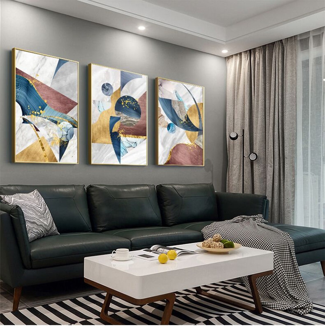 Golden Geometric Blue Color Canvas Posters Abstract Painting - Etsy