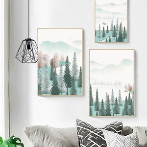 3 Panels of Forest Tree Print, River Printable, 3 Pine Forest Print ...