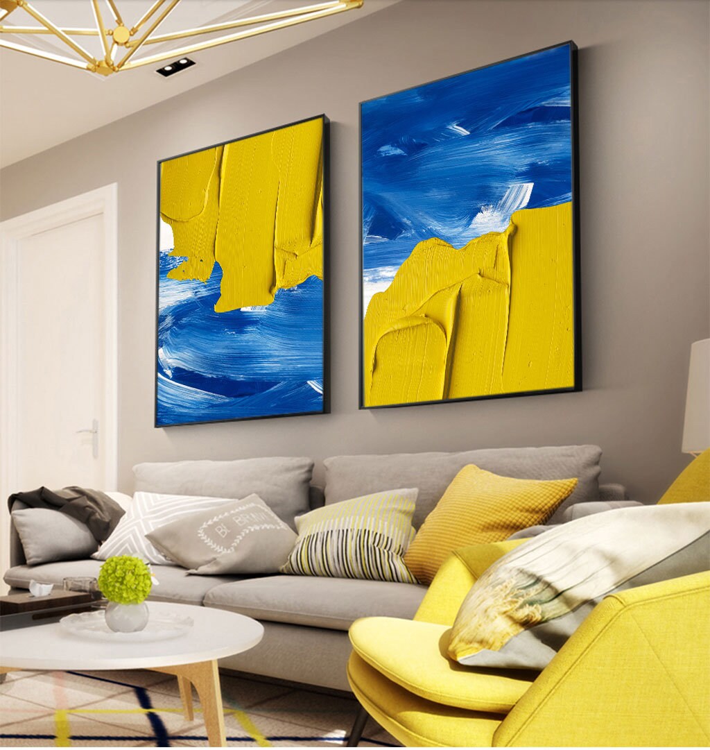 Set of 2 Nordic Modern Blue and Yellow Color Block Creative | Etsy