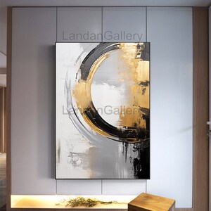 Abstract Neutral Minimalist Oil Painting, Black Bedroom Wall Art, Gold ...