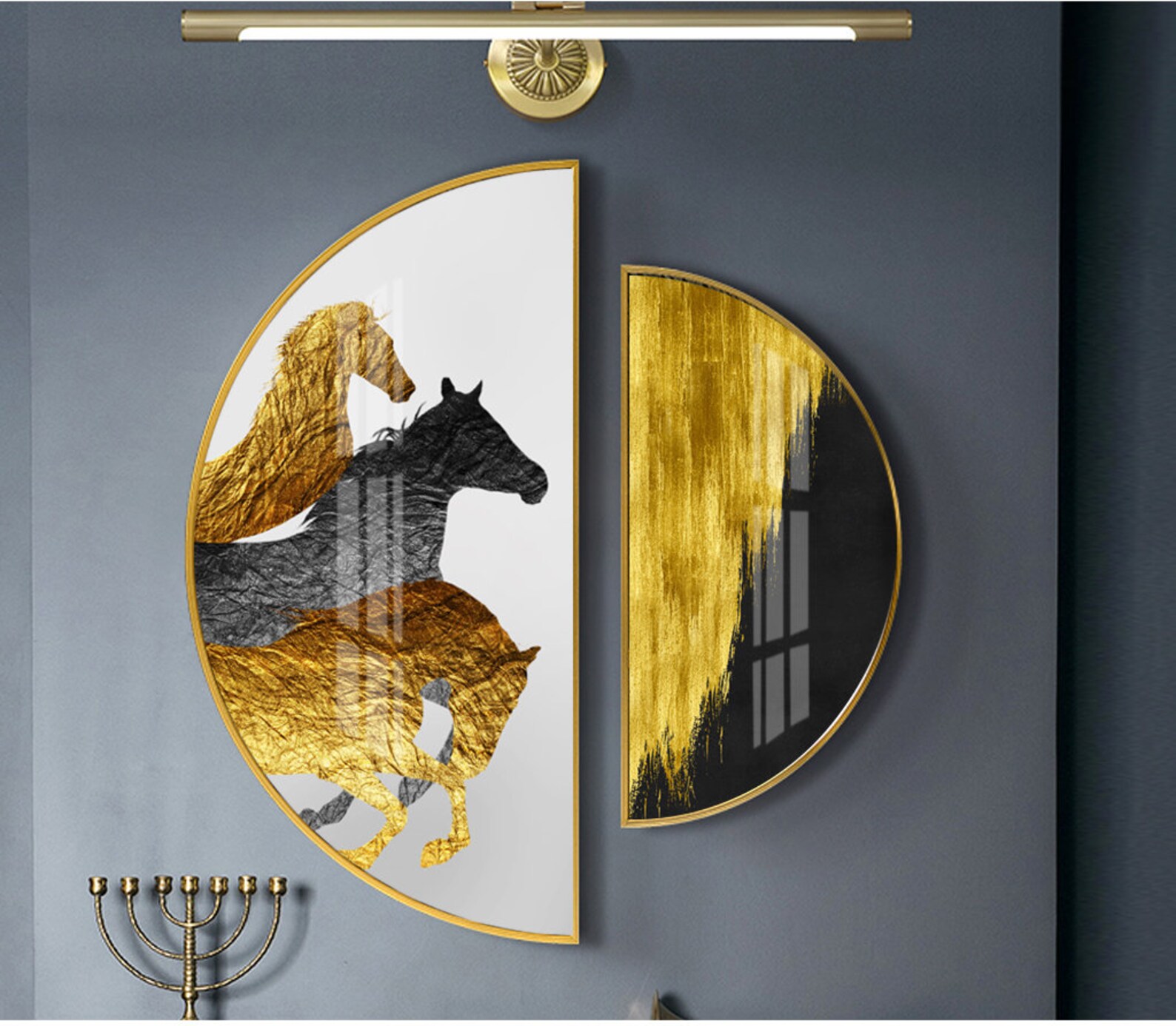 Printable Set of 2 Half Circle Paintings Black and Golden | Etsy