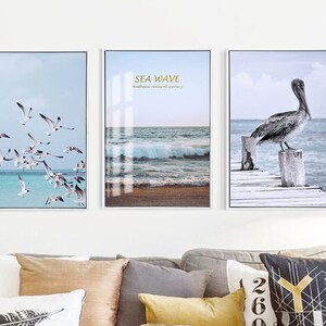 3 Sets of Sea Wave Print, Seagull Printable, Blue Seascape, Bird ...