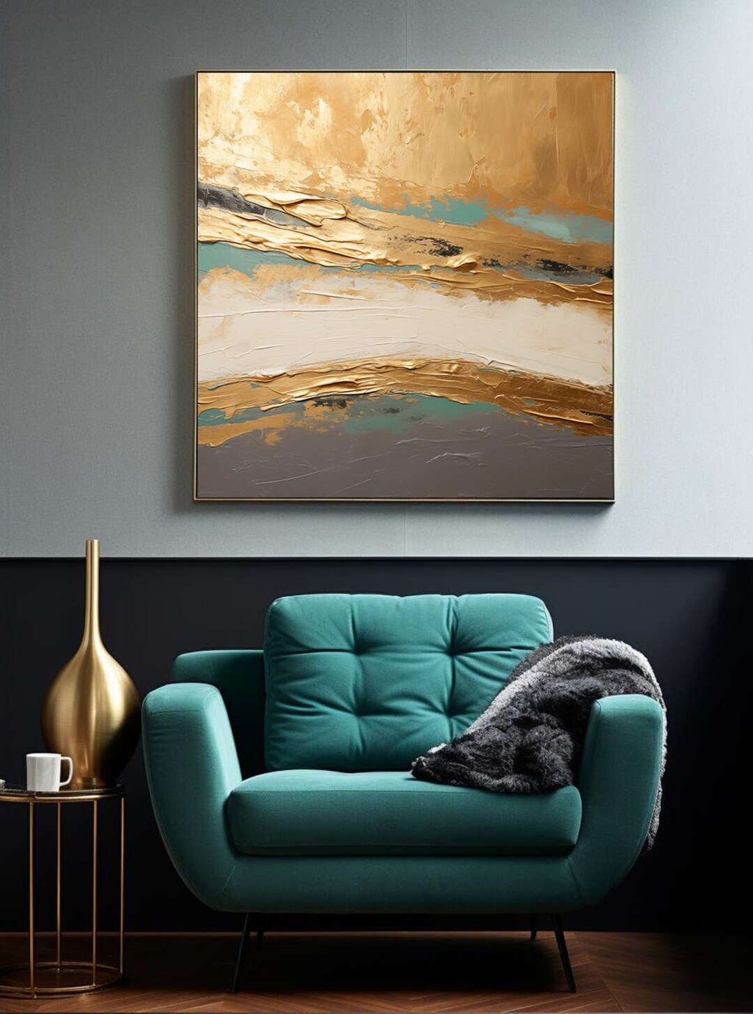 Printable Wall Art, a Gold, Turquoise, and White Abstract Painting ...