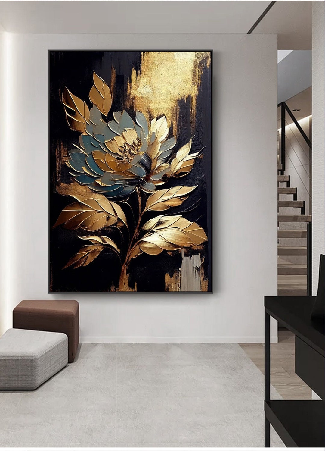 Timeless Elegance: Golden Flower Décor on a Black Canvas for Stylish ...