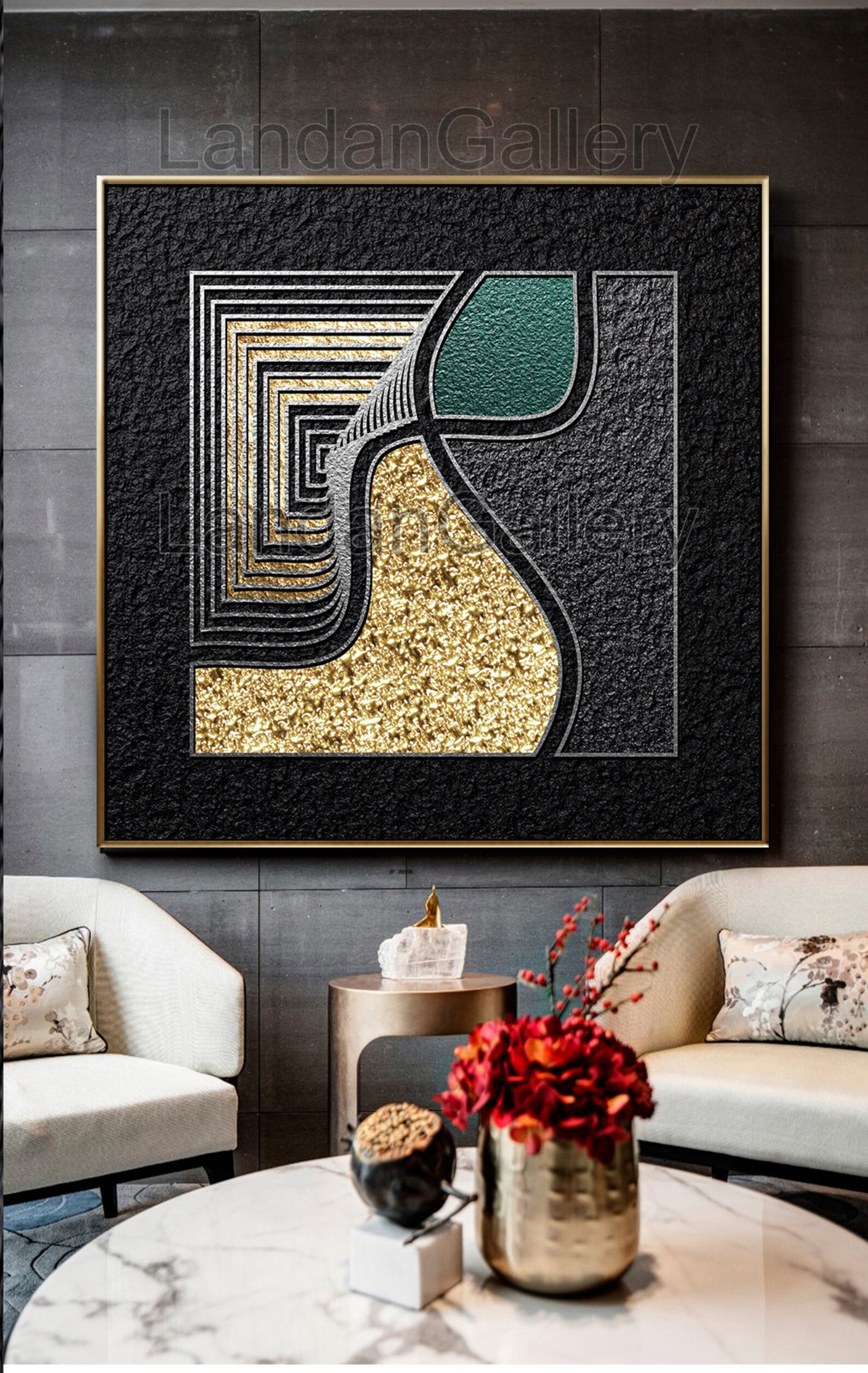 Wall Art Printable, Golden Geometry on Black Background, Gold Foil and ...