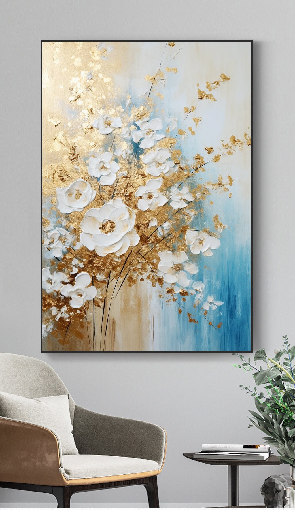 Golden Glamour: Abstract Flower Art Deco in Blue and White Background ...