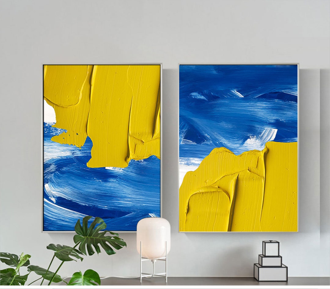 Set of 2 Nordic Modern Blue and Yellow Color Block Creative Painting ...