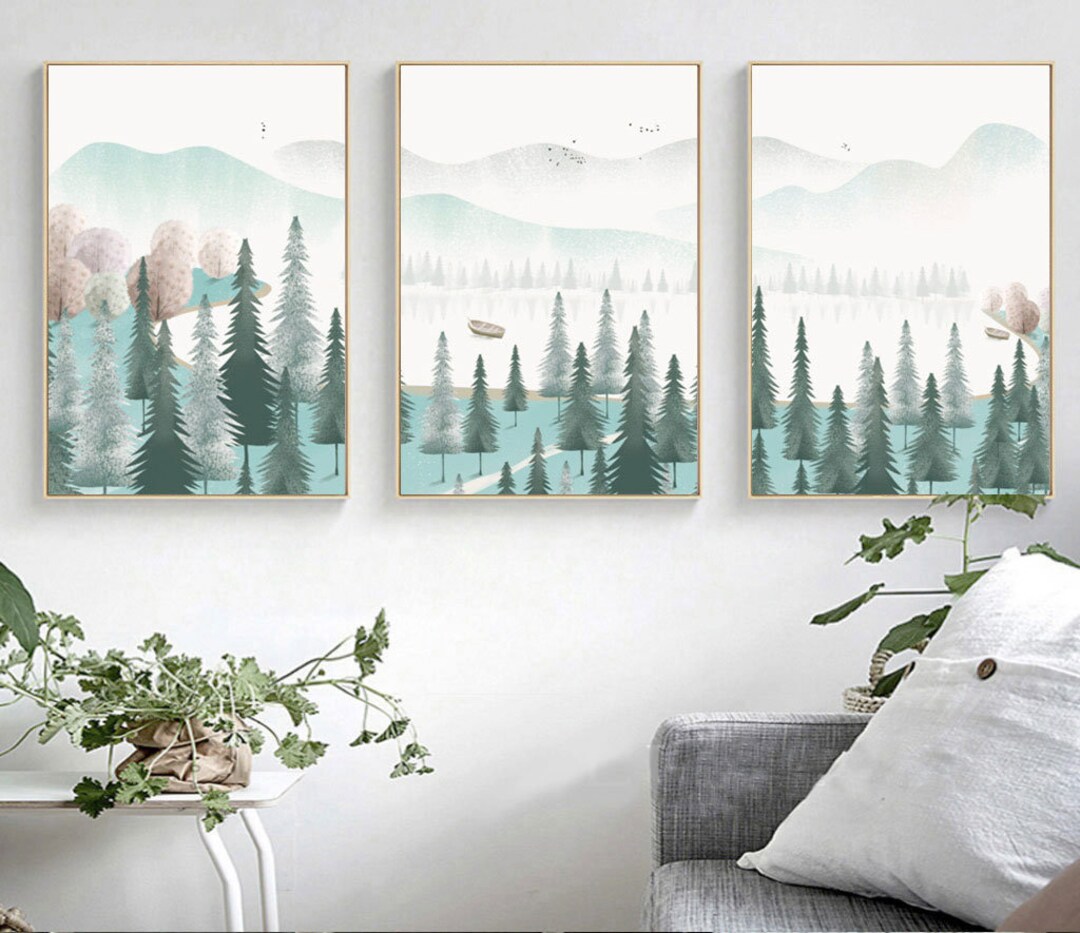 3 Panels of Forest Tree Print, River Printable, 3 Pine Forest Print ...