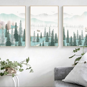3 Panels of Forest Tree Print, River Printable, 3 Pine Forest Print ...