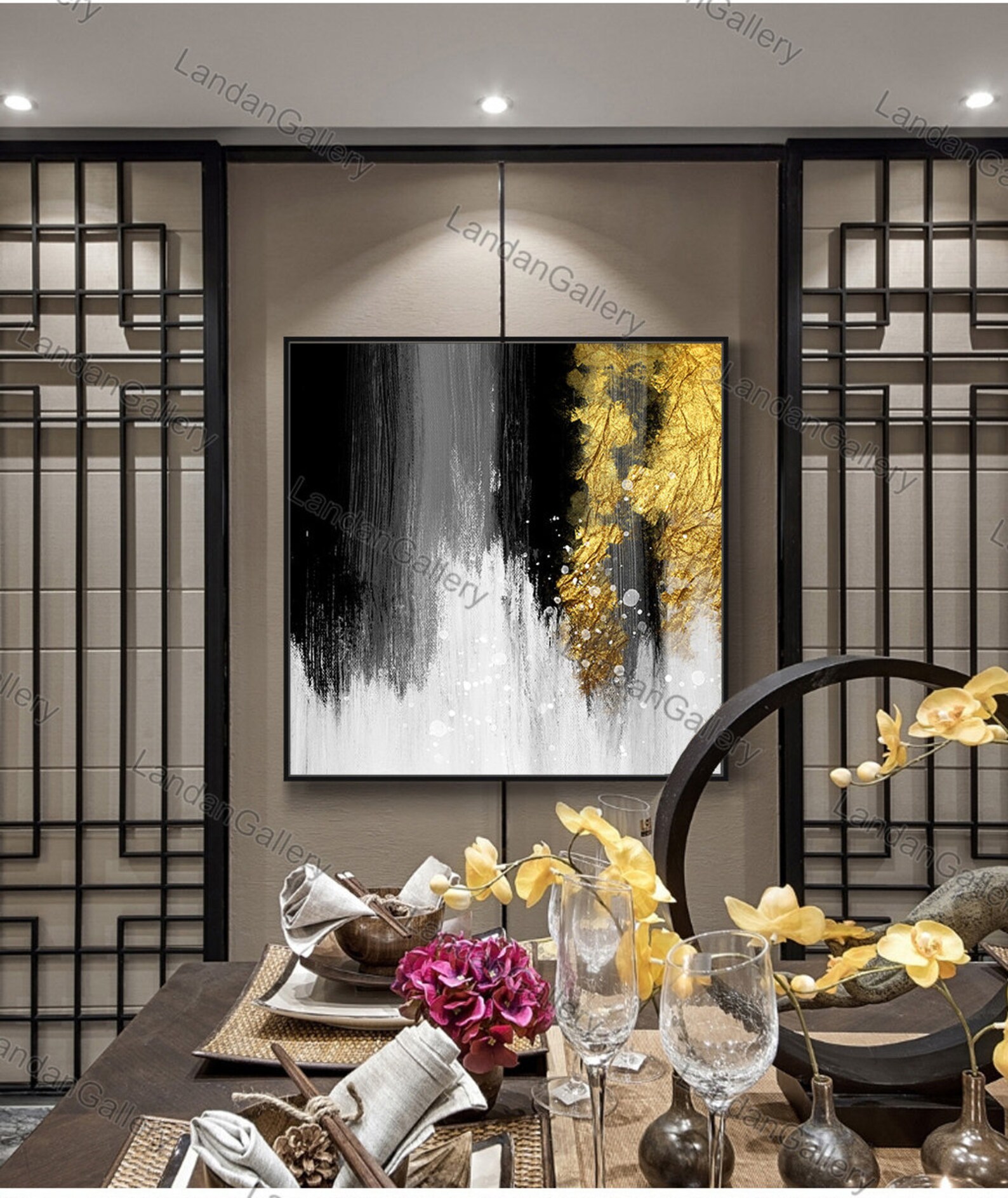 Abstract Square Wall Art Printable Black and White Golden | Etsy