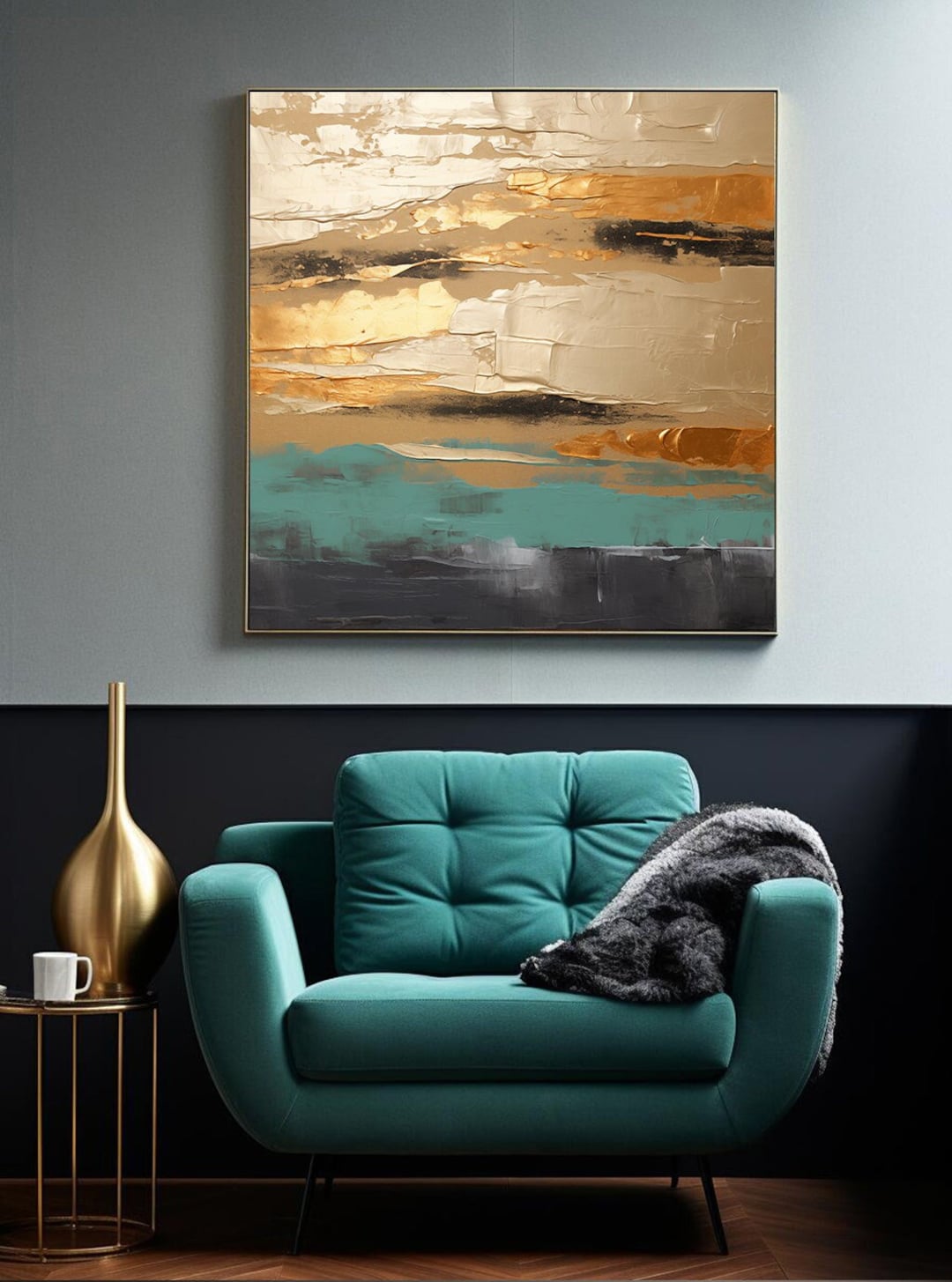 Abstract Painting in Gold and Turquoise, Serene Seascapes, Richly ...