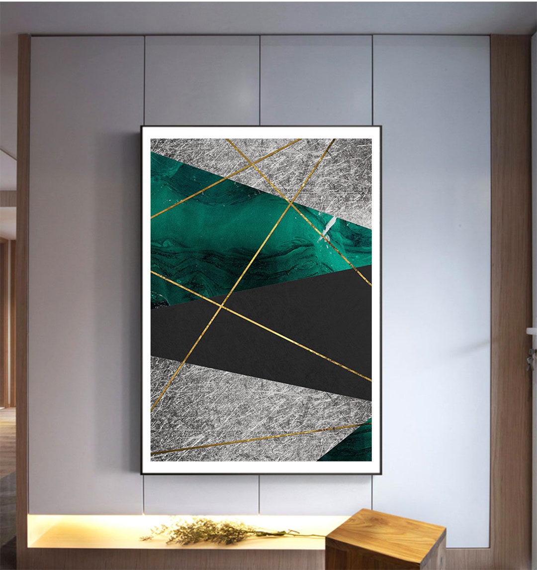 Modern Abstract Geometry Emerald Gold Line Wall Art Printable, Original ...