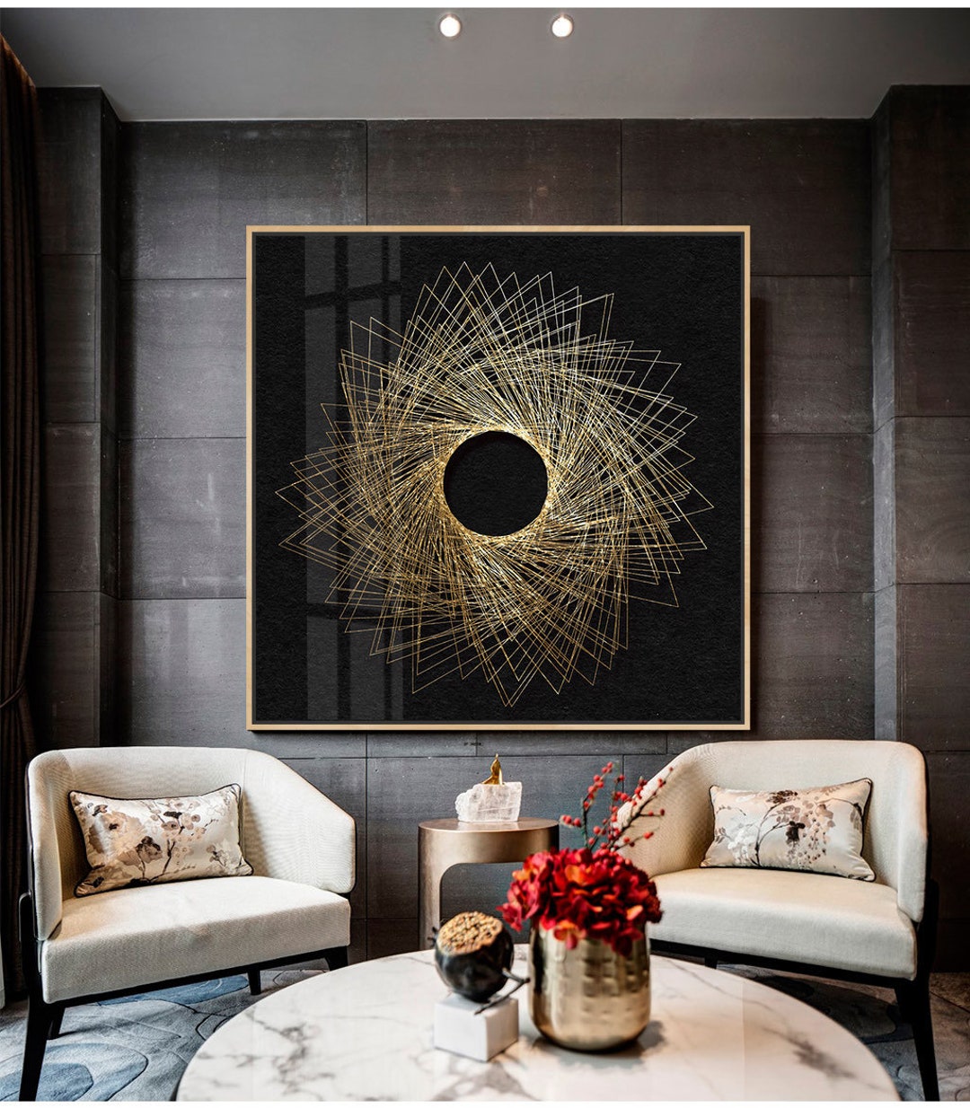 Symmetric Geometry Gold Lines Spinning Around Center Illustration, Wall ...
