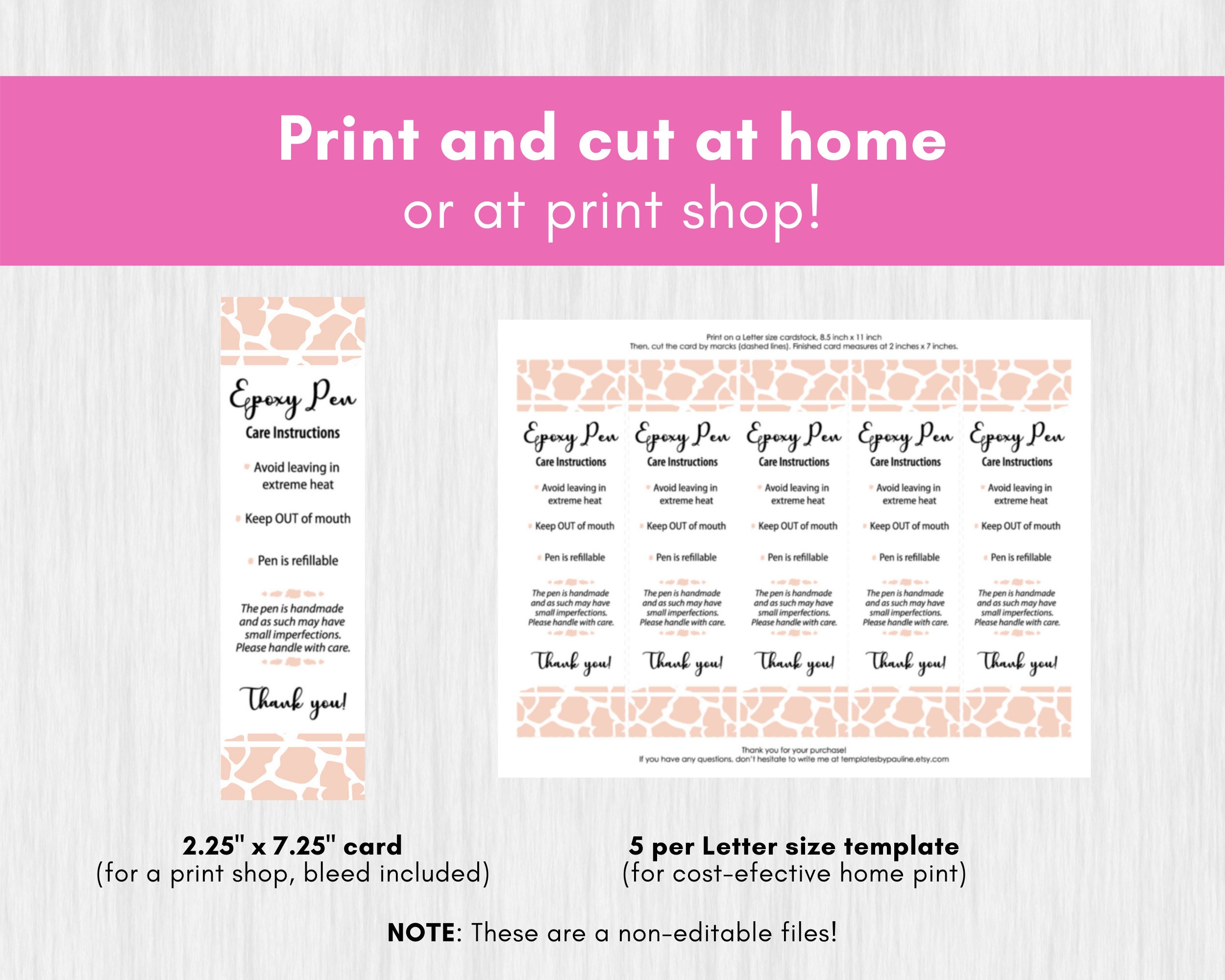 Printable Epoxy Pen Care Card and Display. Print and Cut | Etsy