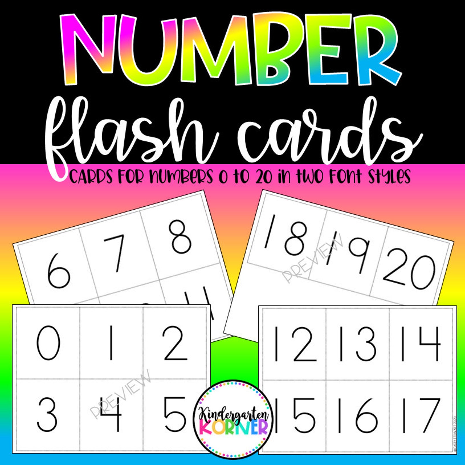 Number Flash Cards Numbers 0 to 20 Number Identification / Recognition ...