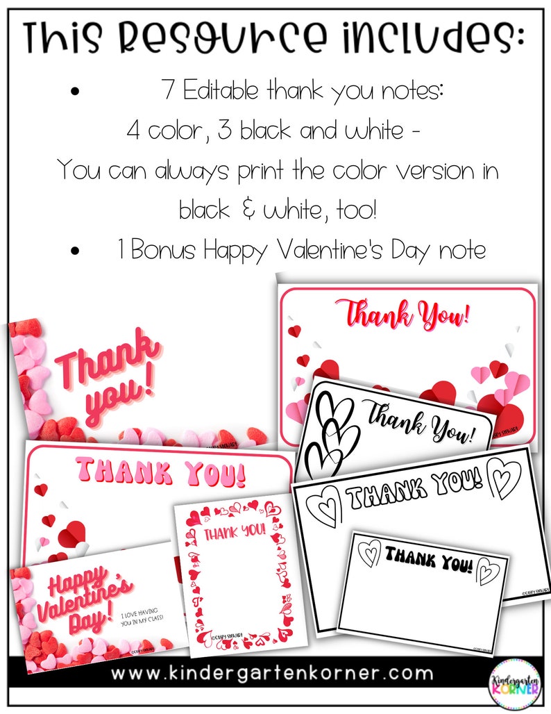 Valentine's Day Thank You Notes Editable Thank You Notes Cards Editable ...