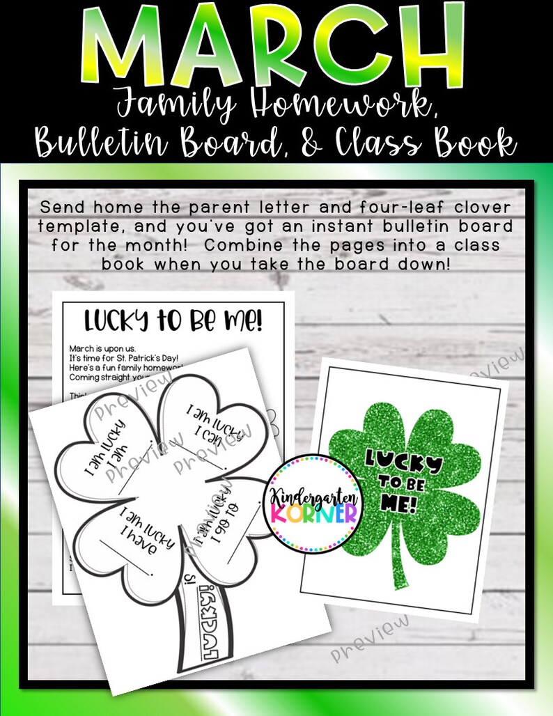 March Family Homework St. Patrick's Day Bulletin Board & Class Book ...