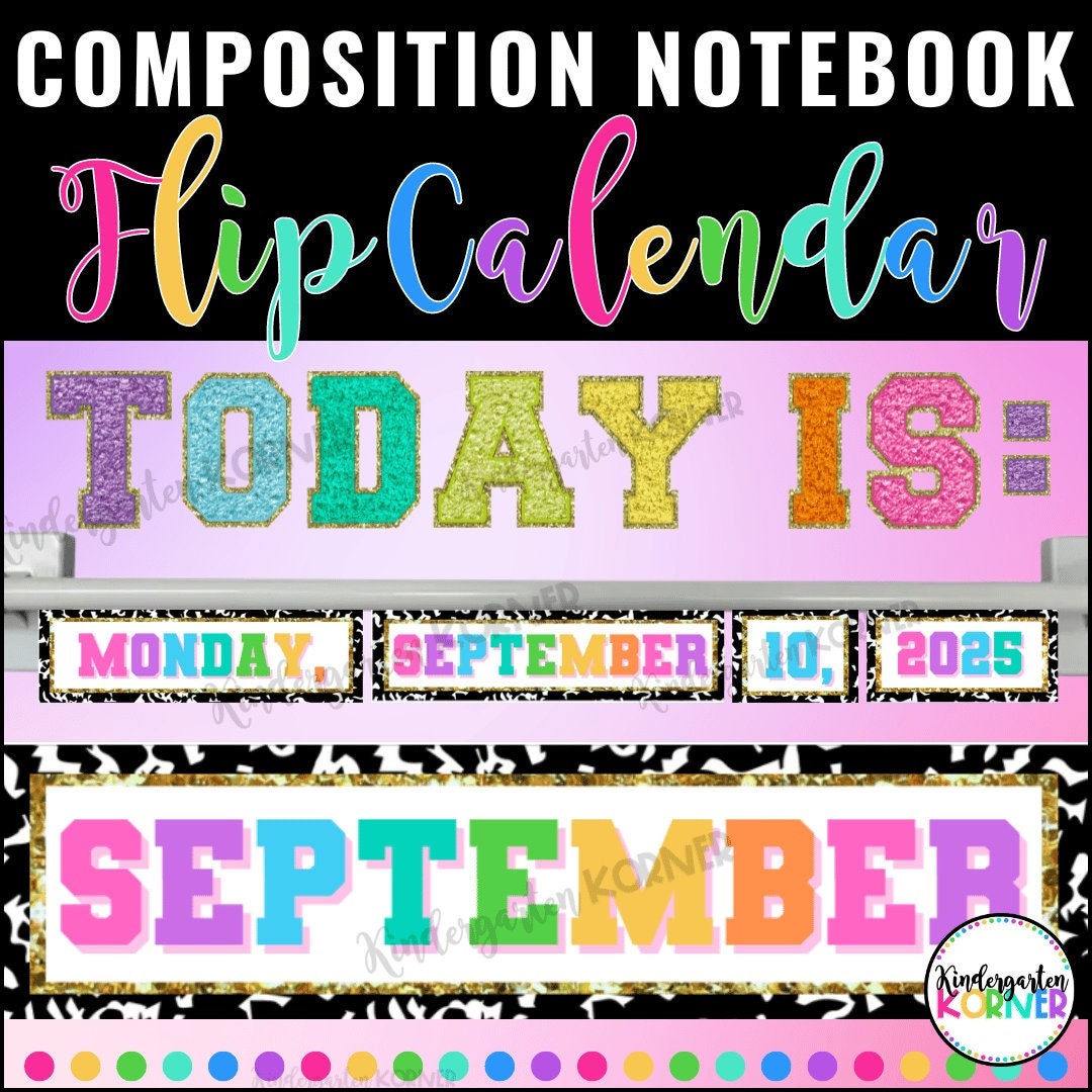 Composition Notebook Classroom Theme | Varsity Font Hanging Date Flip ...