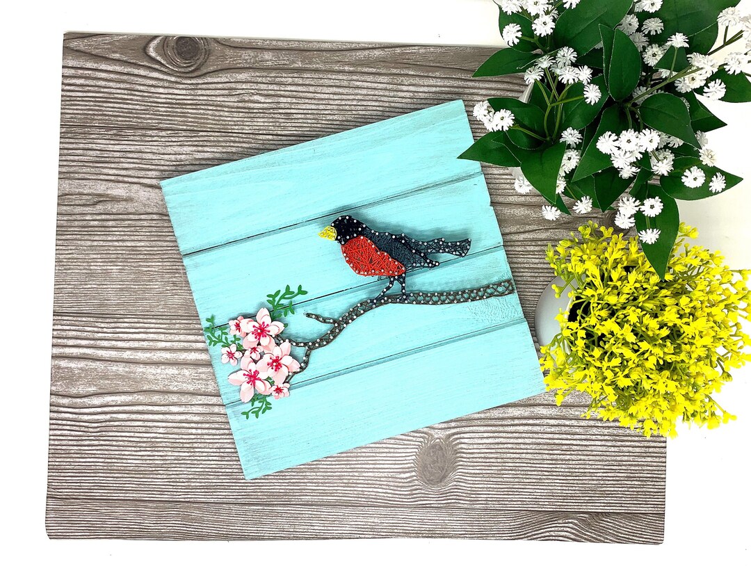 Robin String Art | Robin on Cherry Blossom Branch Wall Art, American ...