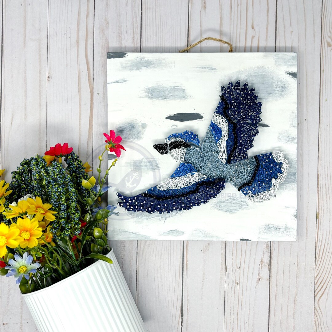 Blue Jay String Art Hand-painted Wood Sign, Blue Jay in Flight ...
