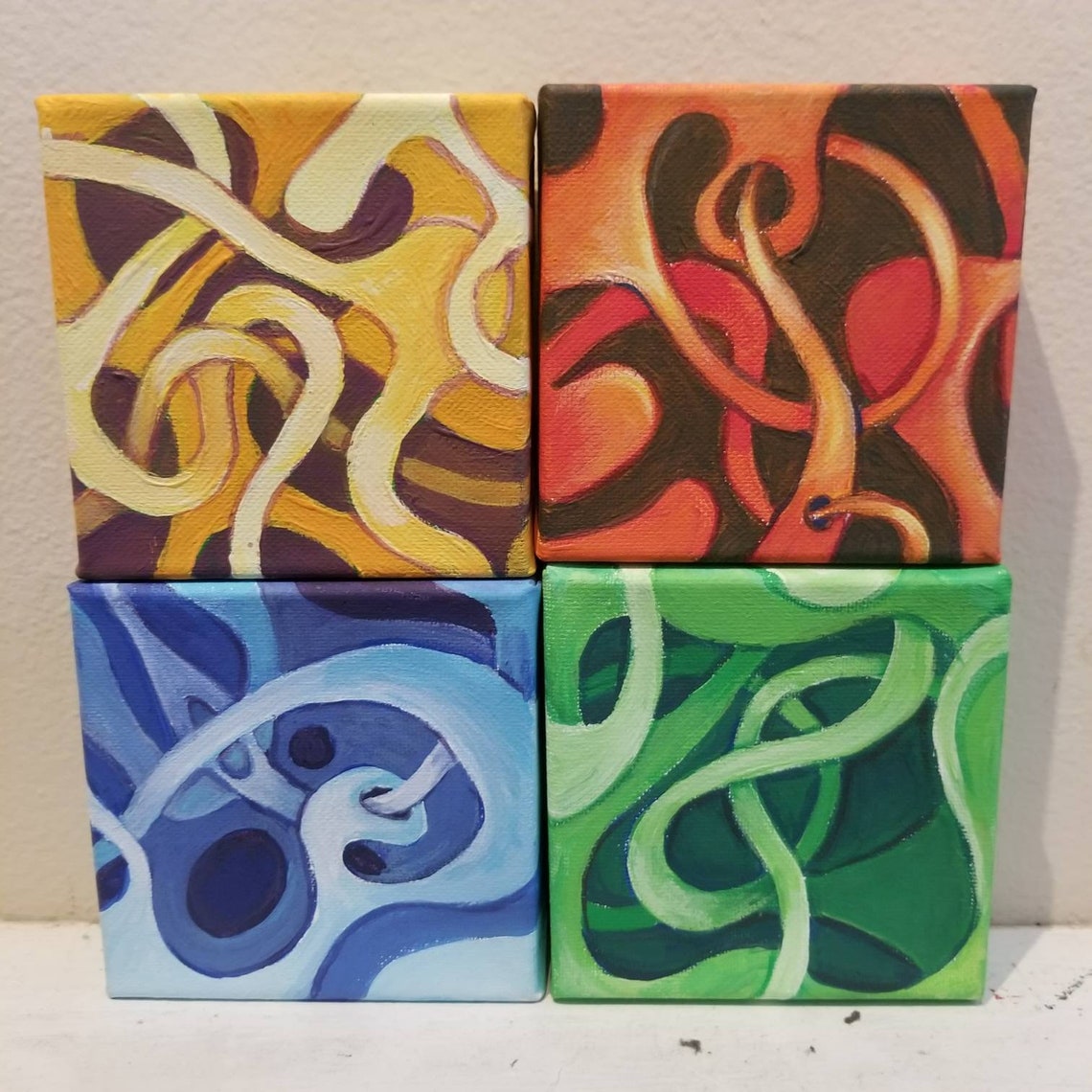 Yellow Art Abstract Miniature Mini Acrylic Canvas Gallery Painting. One ...