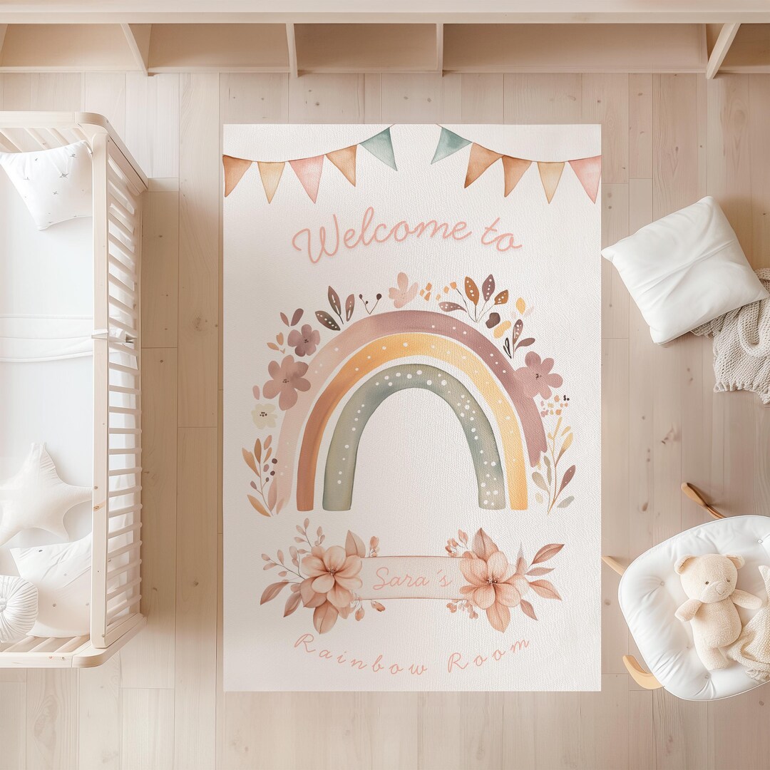 Personalized Boho Rainbow Nursery Rug: Floral Girls Room Decor - Etsy