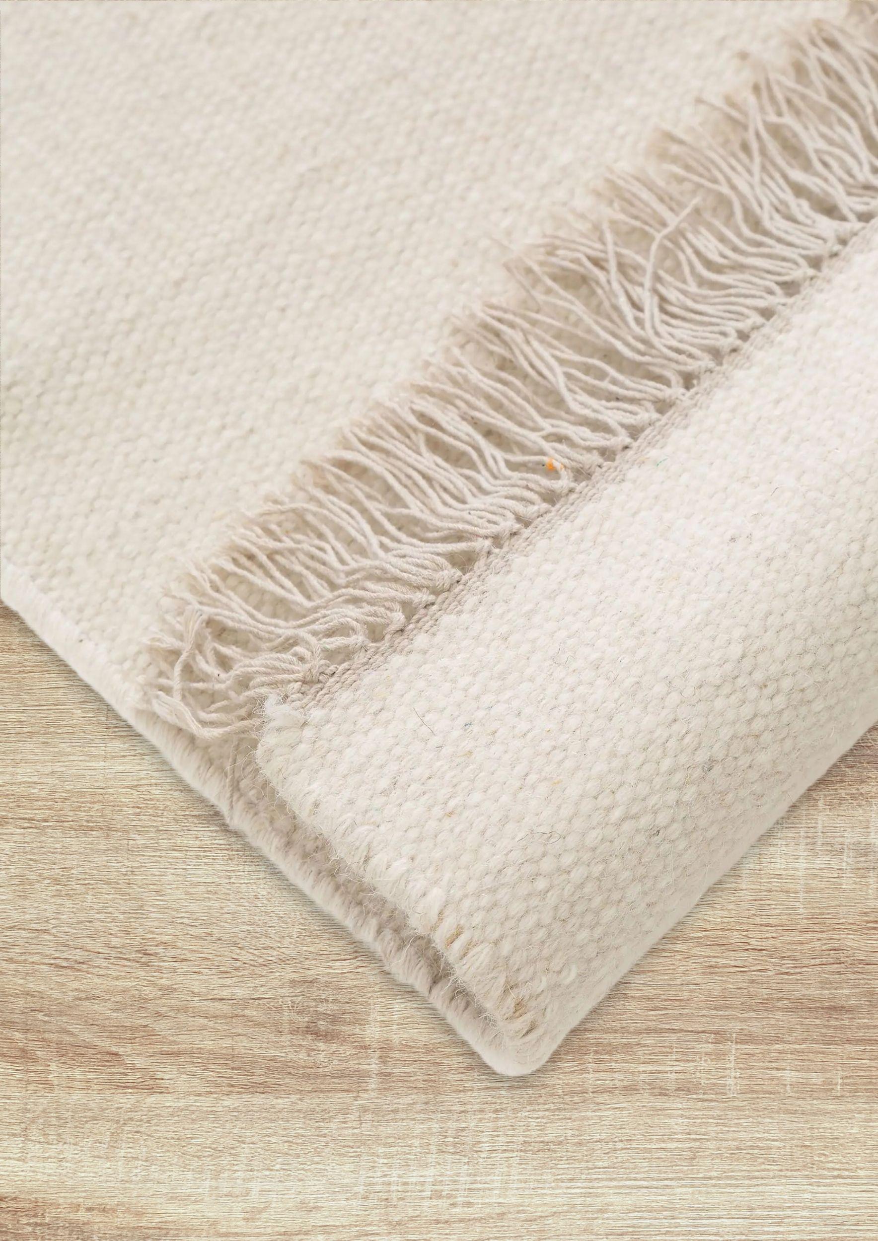 Ivory Wool Rug, Handwoven Flatweave Area Rug With Fringe for Living ...