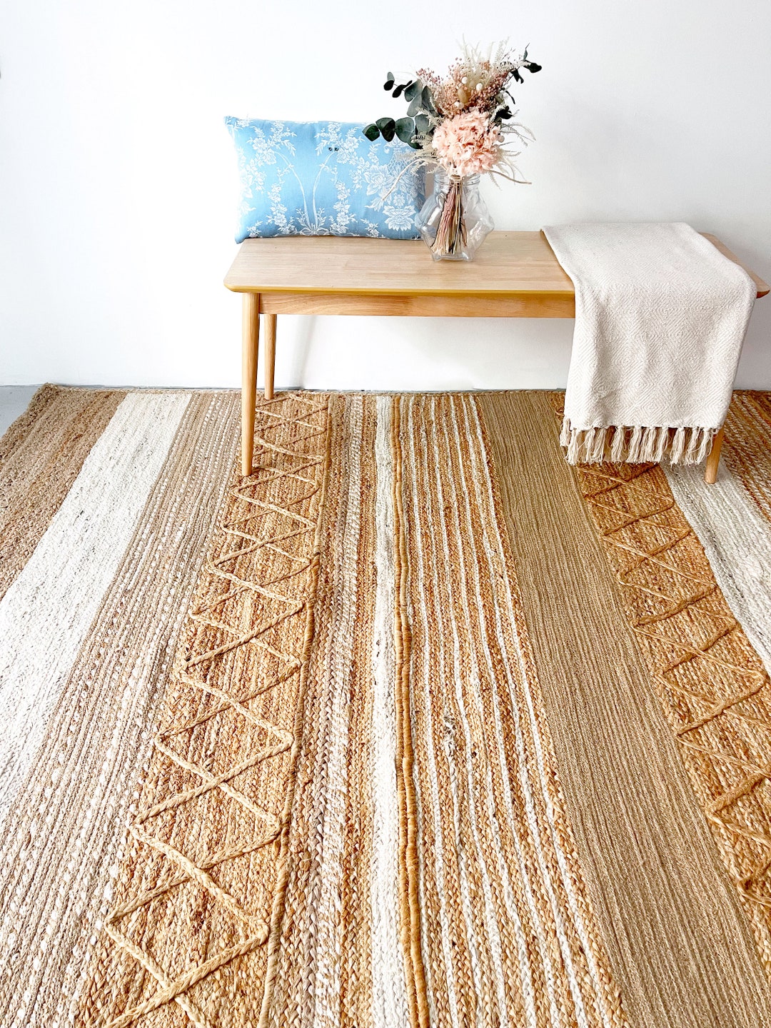 Boho Jute Rug in Two-tones White and Natural, Bohemian Rug With ...