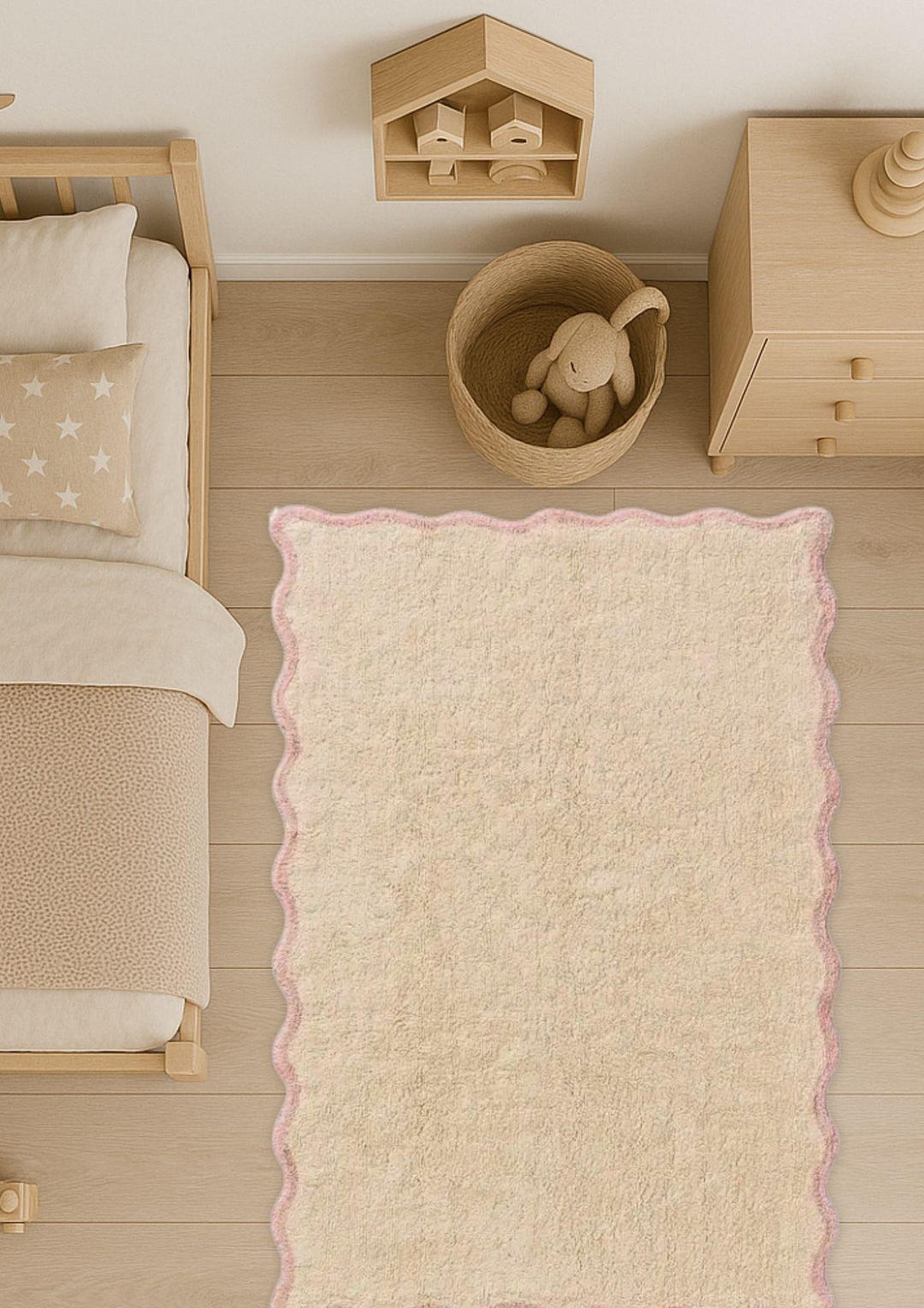 Wavy Washable Kids Rug Scalloped Nursery Carpet Soft Playroom Mat in ...