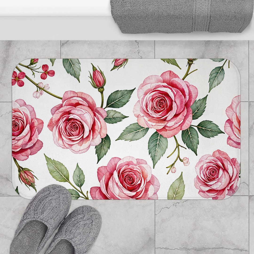Vintage Rose Floral Bath Mat, Pink Flower Memory Foam Rug, Non-slip ...