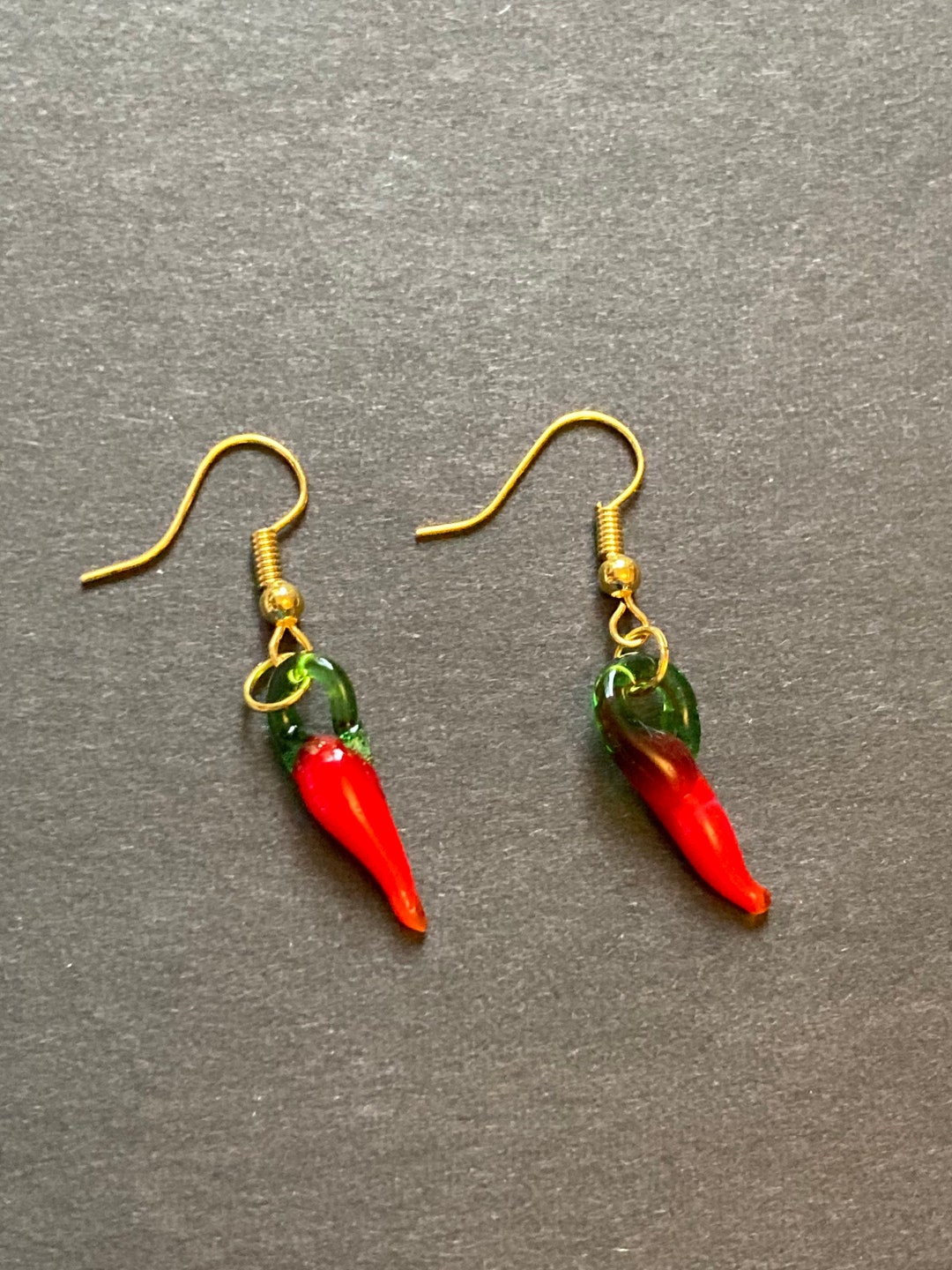 Glass Chilli Earrings on Gold Hooks, Vintage Style Dangly Earrings ...