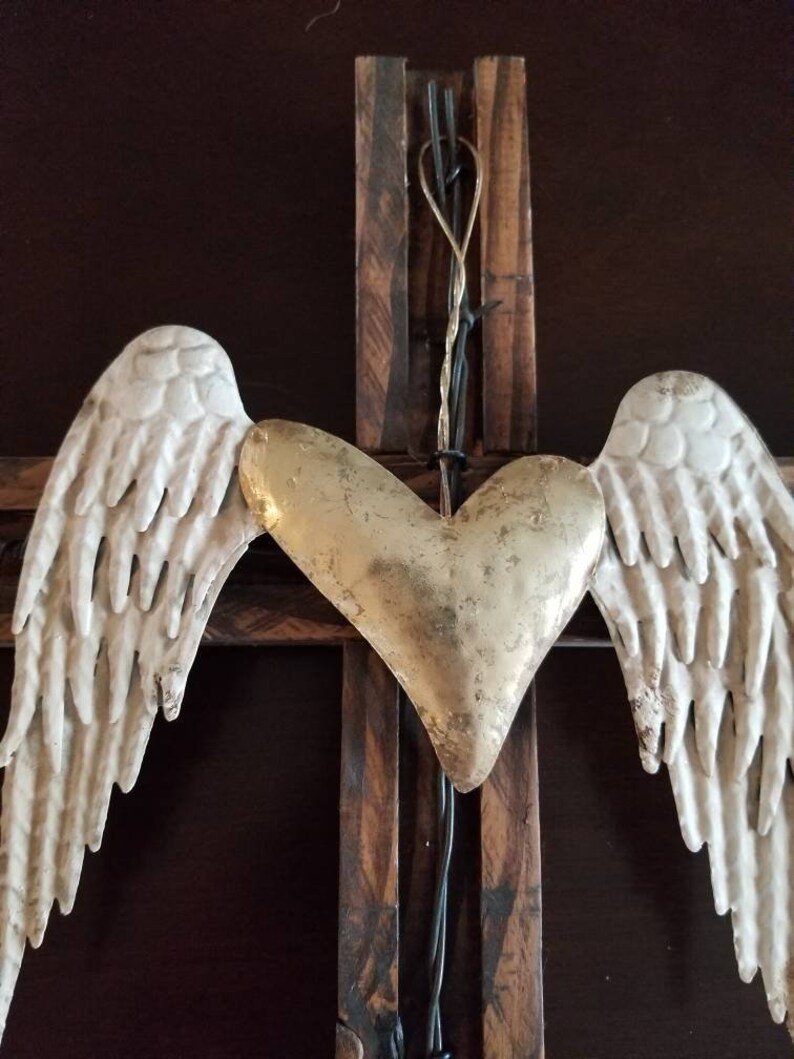 Wall Wood Hanging Cross With Barb Wire, Angel Wings and a Heart, Wood ...