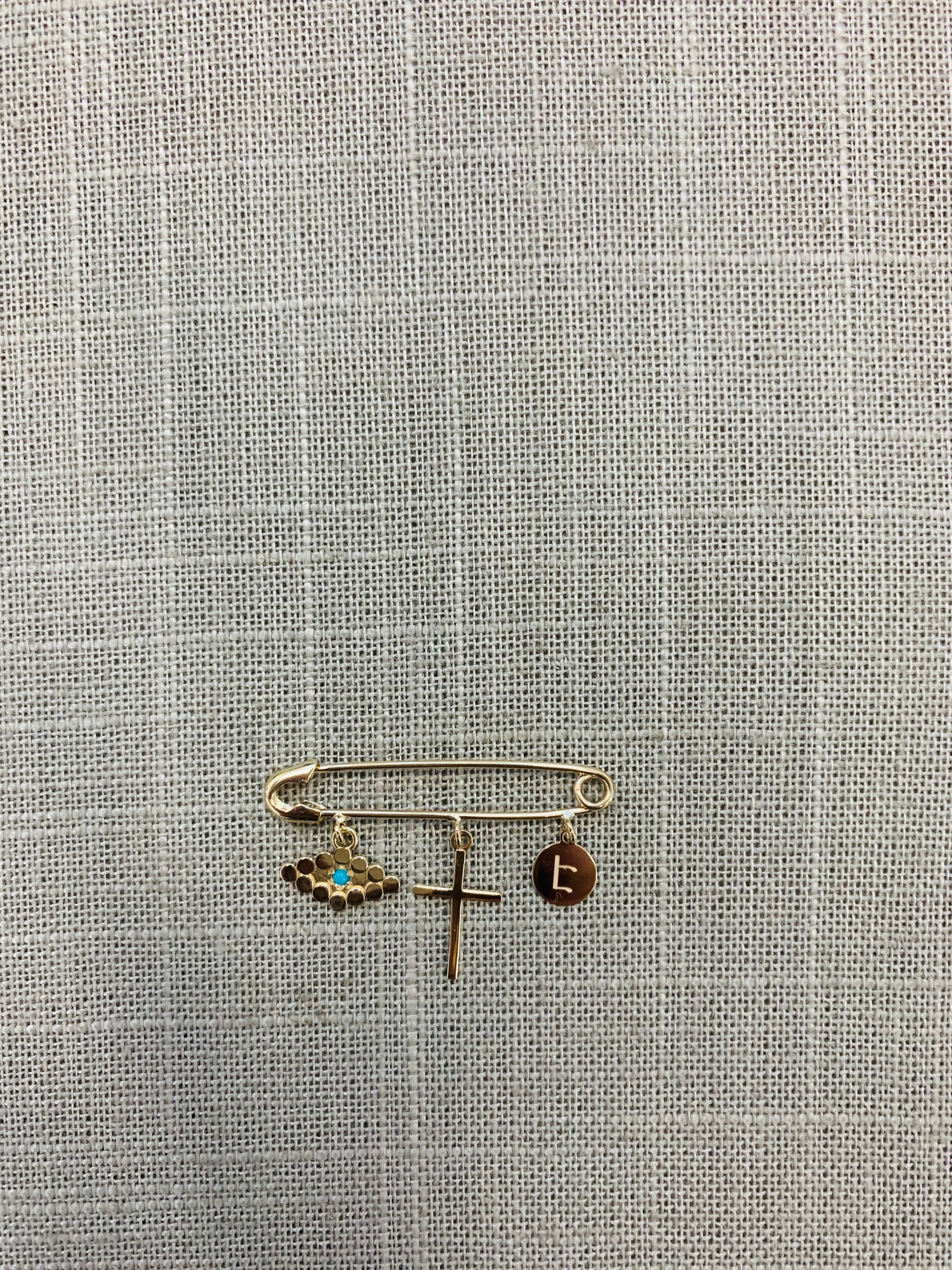 14K Gold Blessings Pin With Personalized Charm, EVIL EYE, and CROSS ...
