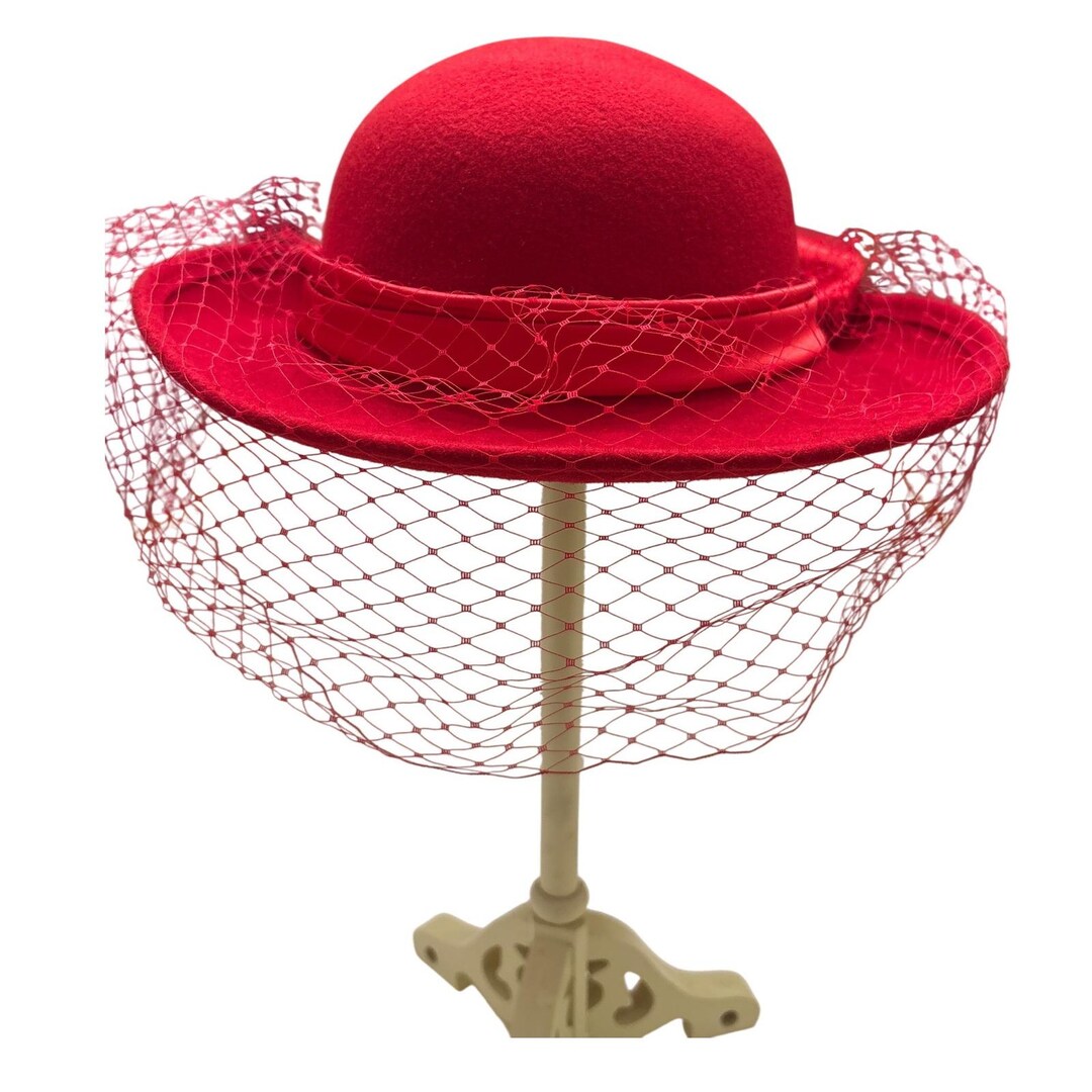 Michael Howard Red Wool Fascinator Hat Veiled Bow Church Wedding Formal ...