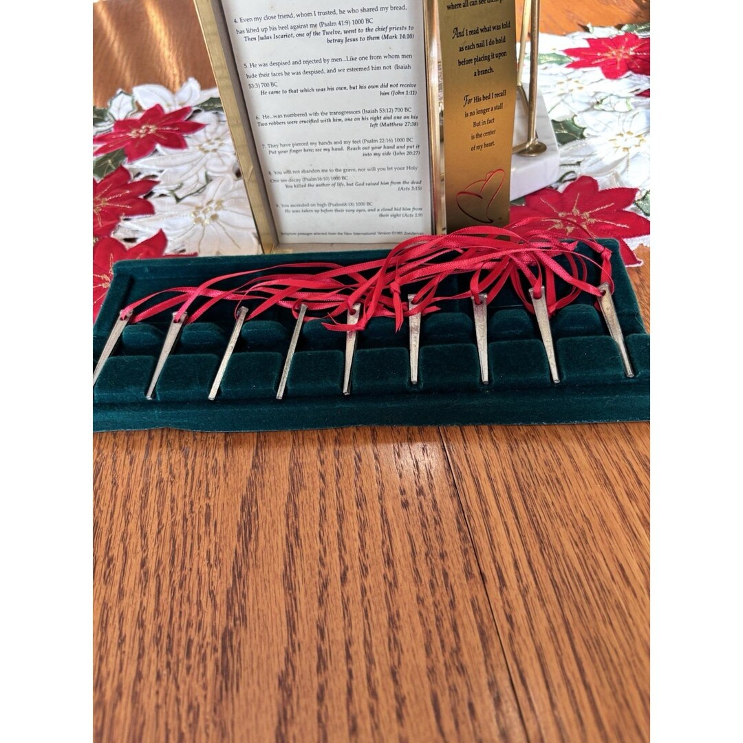 The Manger Nails Symbols of the Season Red Ribbon Christmas Decoration ...