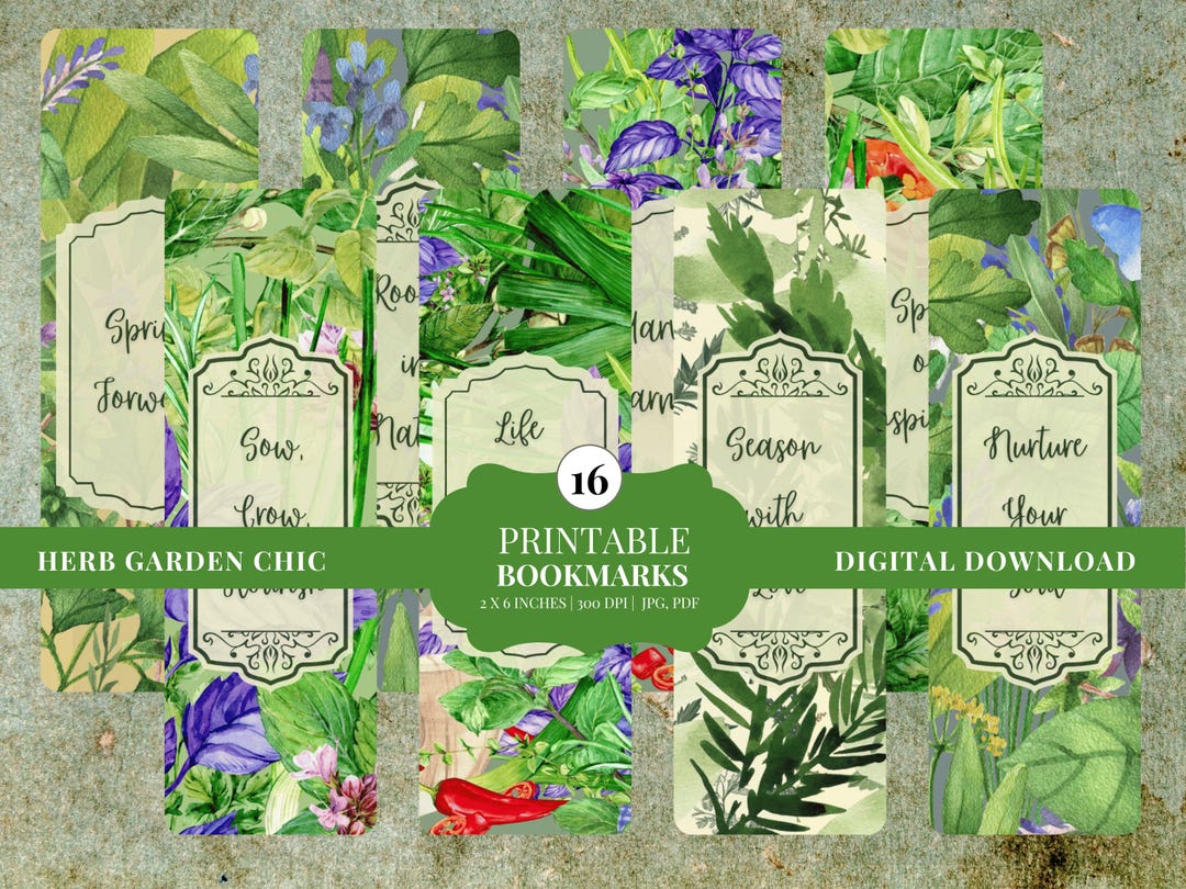 Set of 16 Printable Bookmarks, HERB GARDEN Watercolor Garde, Spring ...