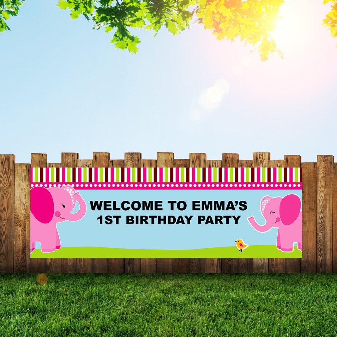 Large Pink Elephant in Landscape Birthday Banner and Signs for Kids 6x2 ...
