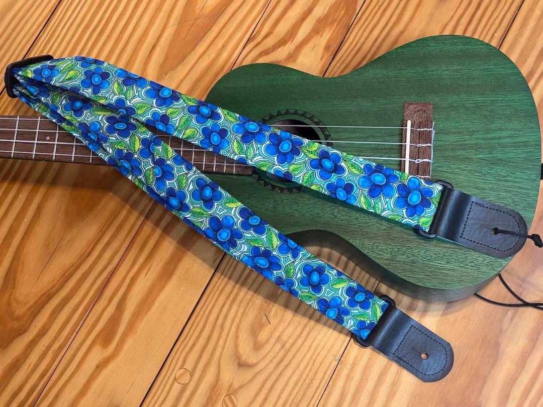 Blue Flowers Quilted Ukulele Strap: Handmade Vegan Leather Uke Gurt - Etsy