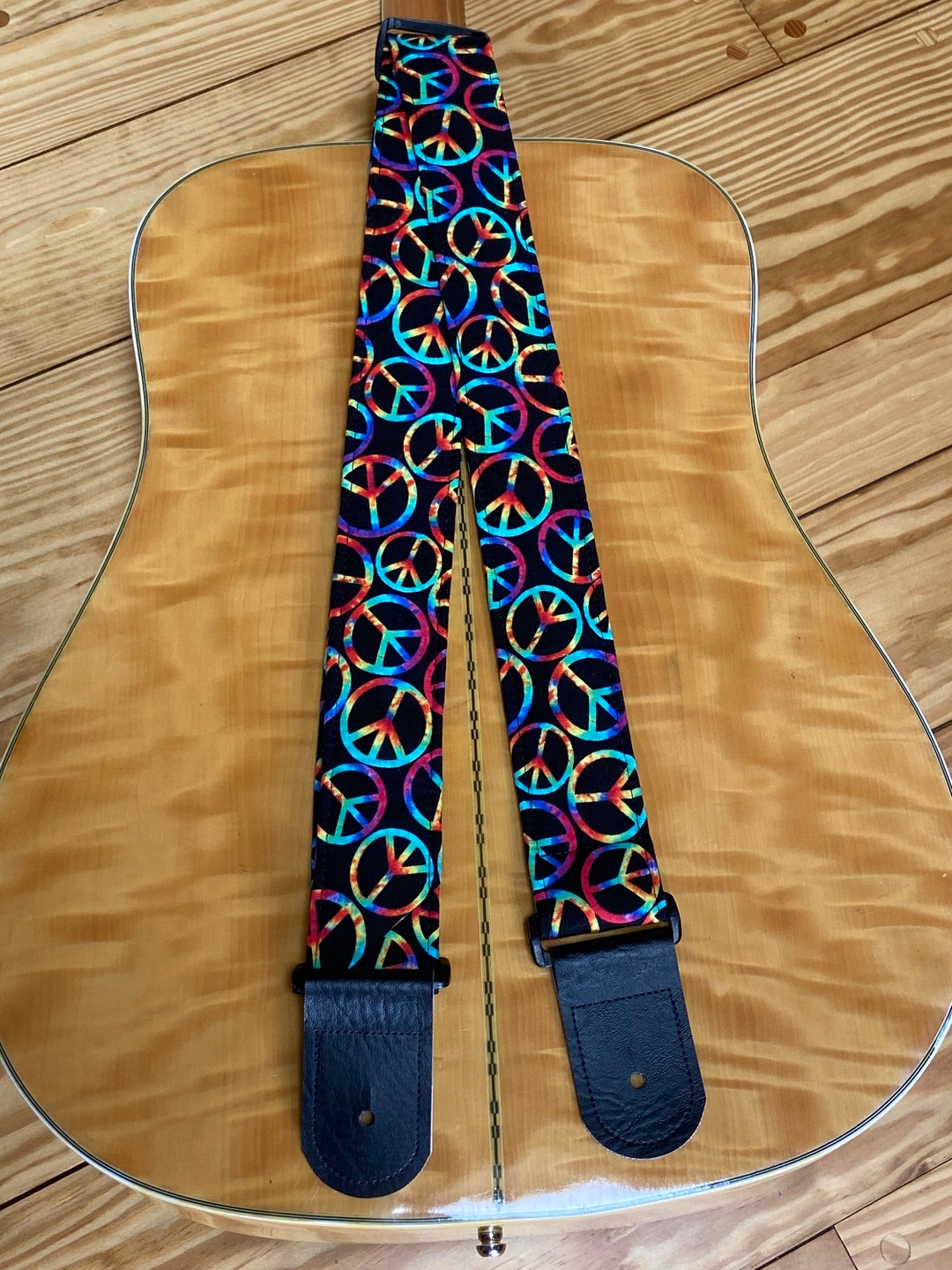 Peace Sign Quilted Guitar Strap: Vegan Leather Ends, Adjustable Length ...