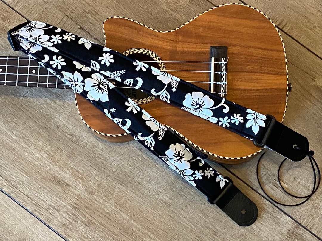 Handmade Black Hibiscus Ukulele Strap: Vegan Leather Ends - Etsy
