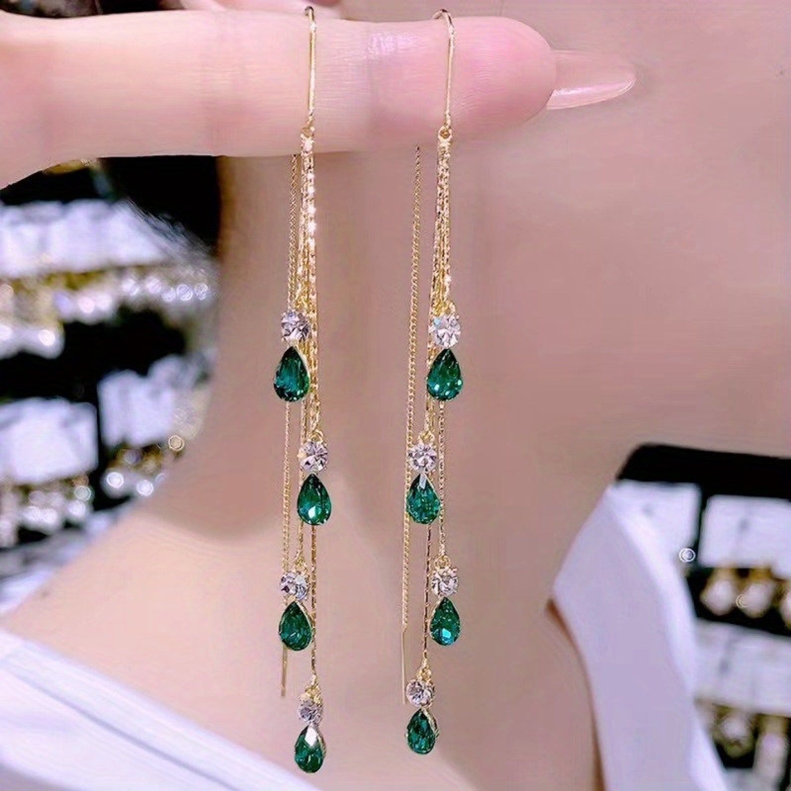 Colorful Droplet Shiny Rhinestone Chain Tassel Dangle Earrings Elegant ...