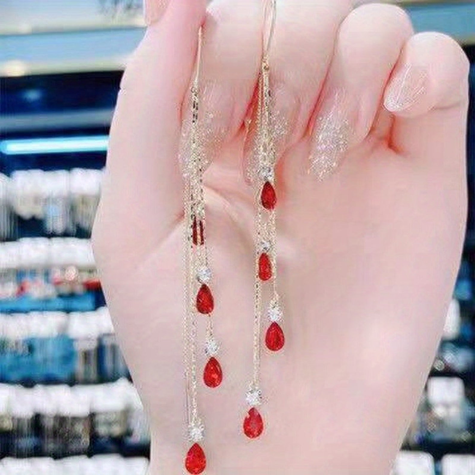 Colorful Droplet Shiny Rhinestone Chain Tassel Dangle Earrings Elegant ...